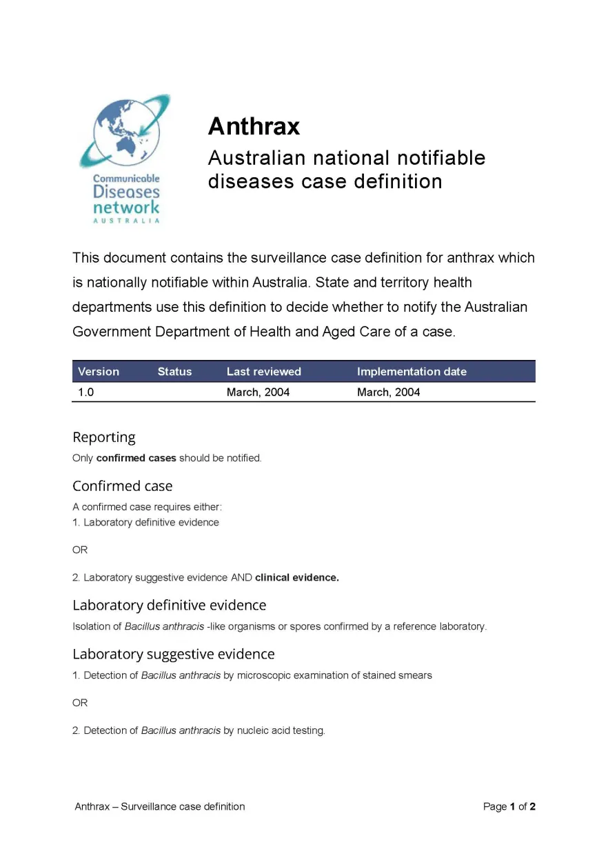 Anthrax – Surveillance case definition | Australian Centre for Disease ...