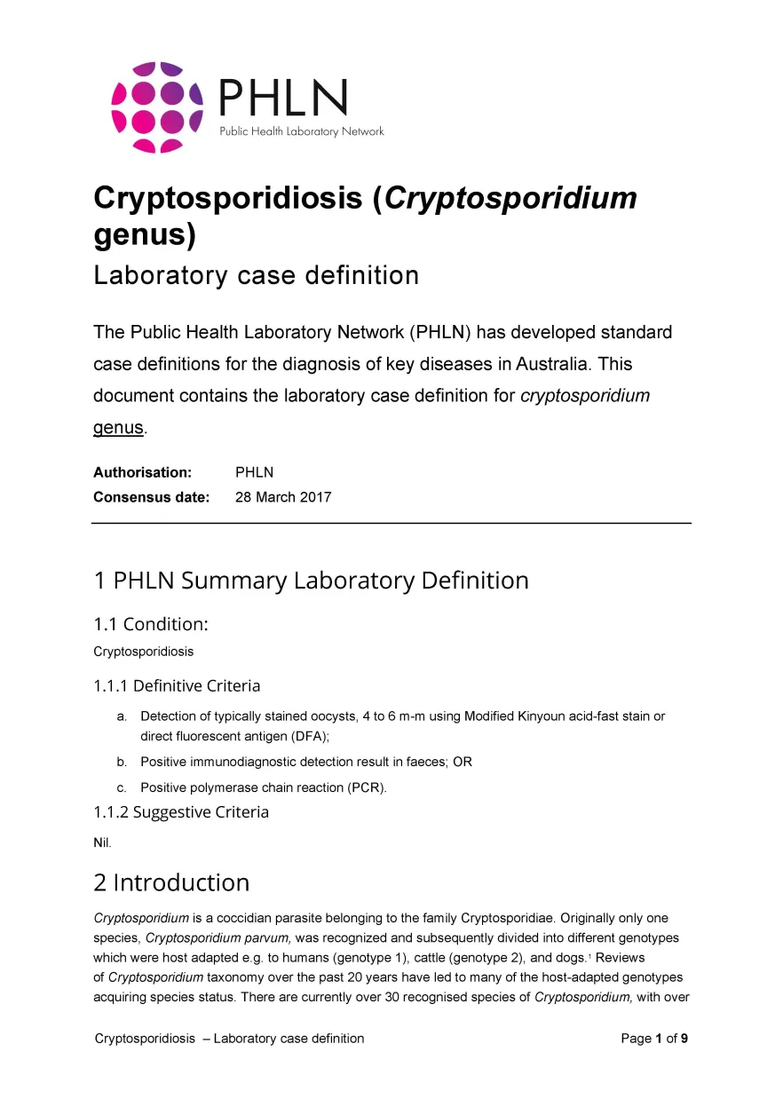 Cryptosporidiosis – Laboratory case definition | Australian Centre for ...