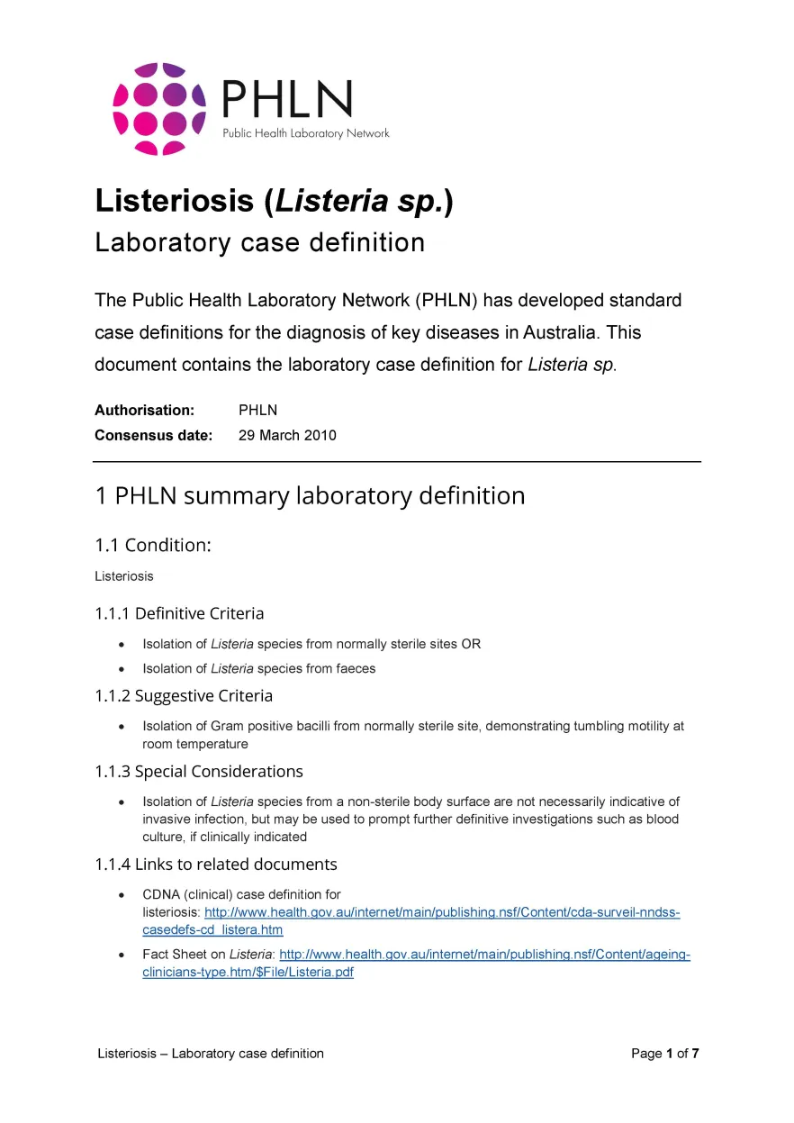 Listeriosis – Laboratory case definition | Australian Centre for ...