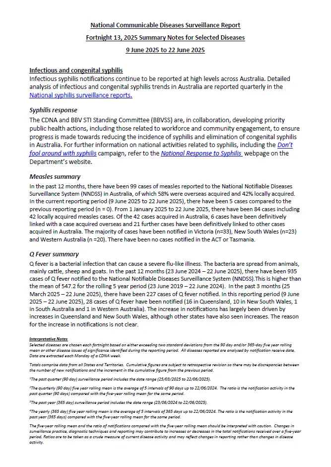 National Notifiable Diseases Surveillance System (NNDSS) fortnightly ...