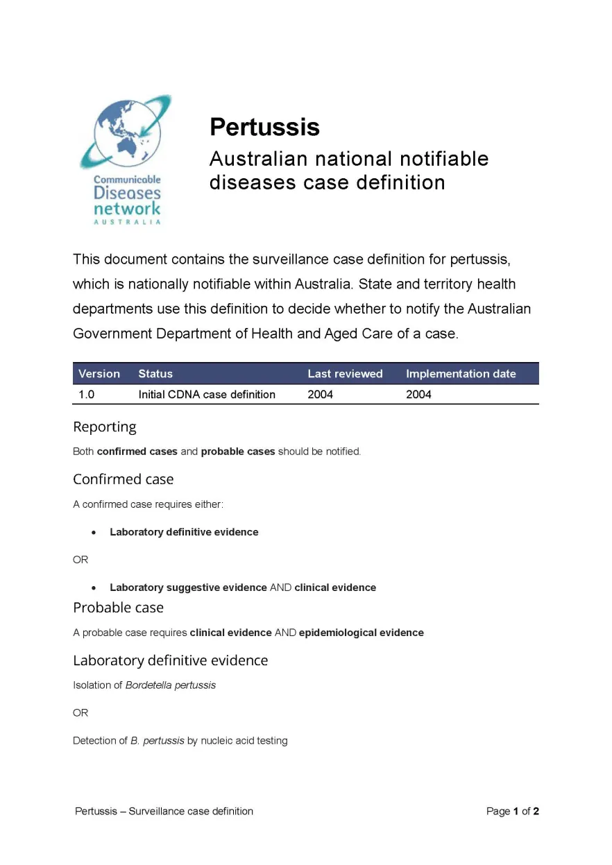 Pertussis (whooping cough) – Surveillance case definition | Australian ...