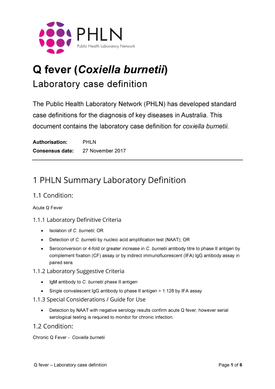 Q fever – Laboratory case definition | Australian Centre for Disease ...
