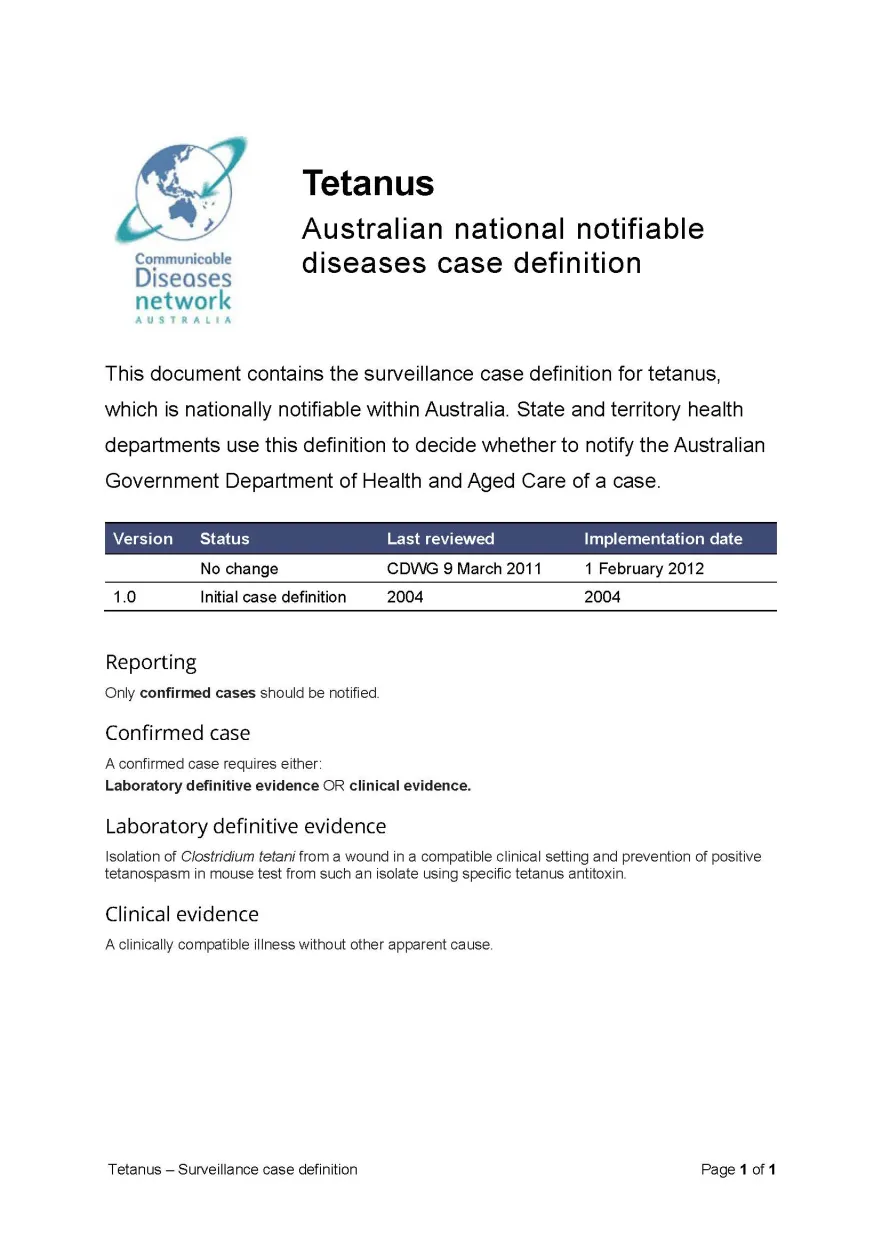 Tetanus Surveillance Case Definition Australian Centre For Disease