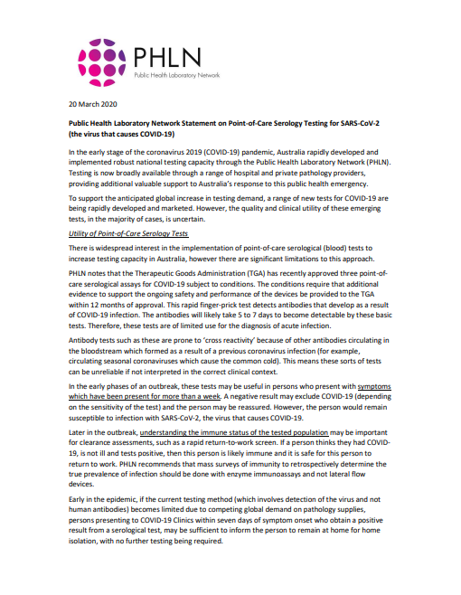 PHLN statement on point-of-care serology testing for SARS-CoV-2 (the ...