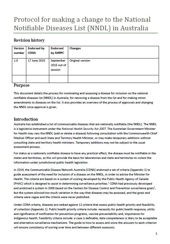 Protocol for making a change to the National Notifiable Diseases List ...