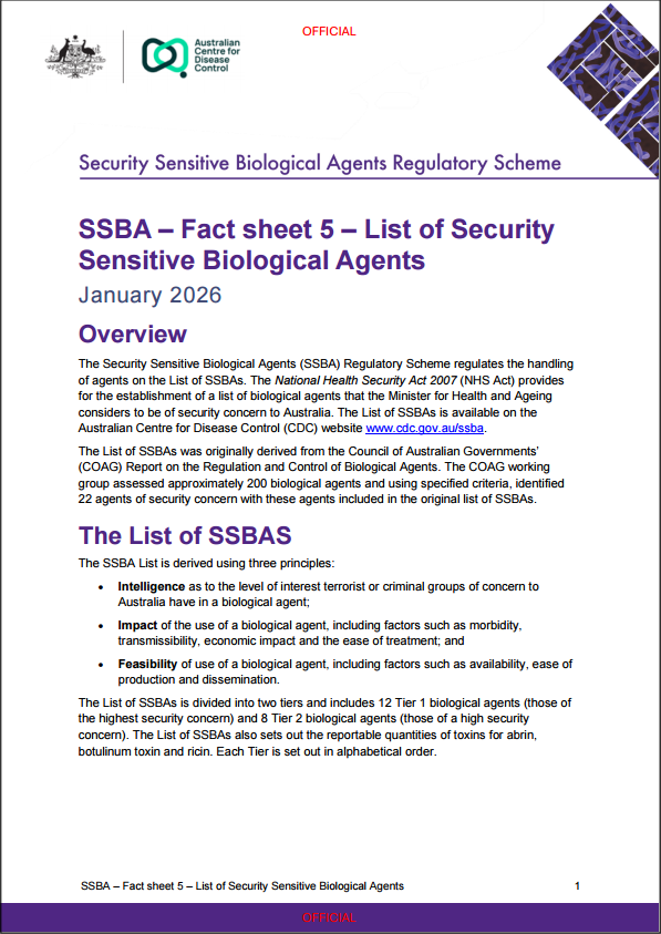 SSBA – Fact sheet 5 – List of SSBAs | Australian Centre for Disease Control