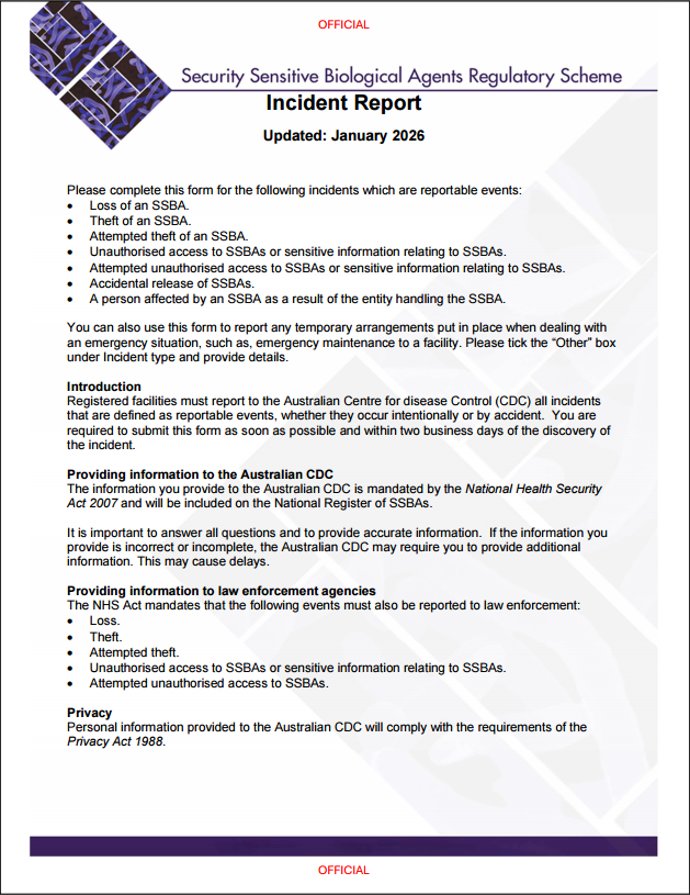 SSBA – Form – Incident report | Australian Centre for Disease Control