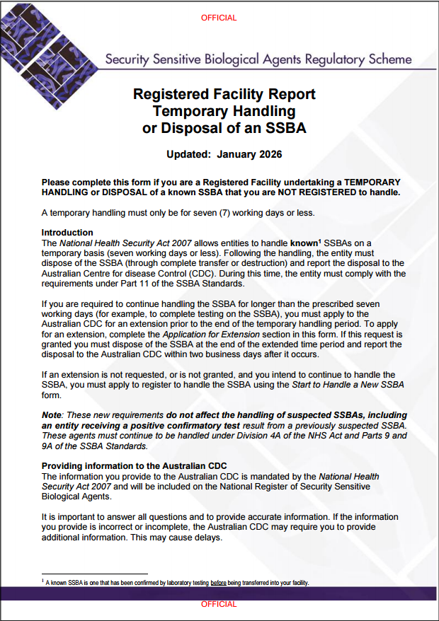 SSBA – Form – Registered facility report for temporary handling and ...