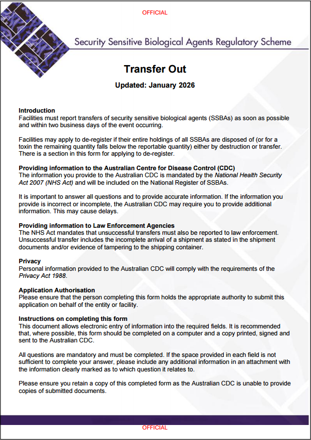 SSBA – Form – Transfer out an SSBA | Australian Centre for Disease Control