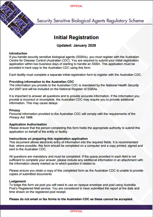 SSBA – Form – Initial registration | Australian Centre for Disease Control