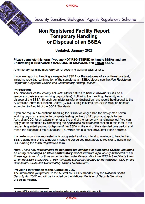 SSBA – Form – Non-registered facility report for temporary handling and ...