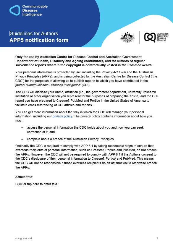 CDI – APP5 notification form | Australian Centre for Disease Control